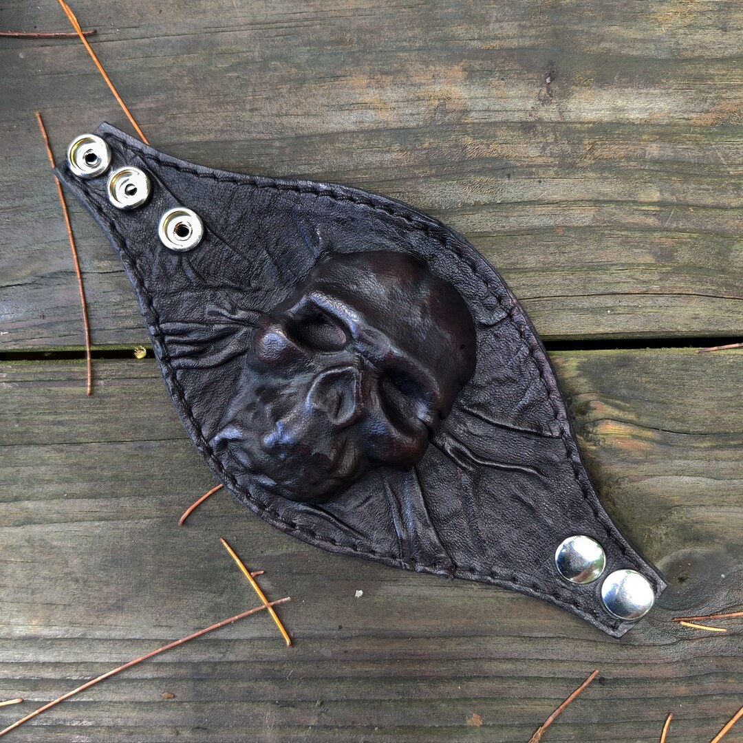Made to Order-handcrafted Genuine Black Vegetal Leather Embossed Skull ...