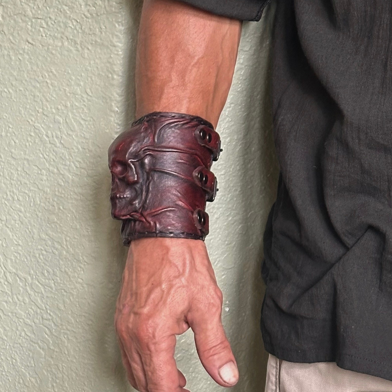 MADE TO Order-handcrafted Genuine Leather Maroon Skull Design Cuff ...