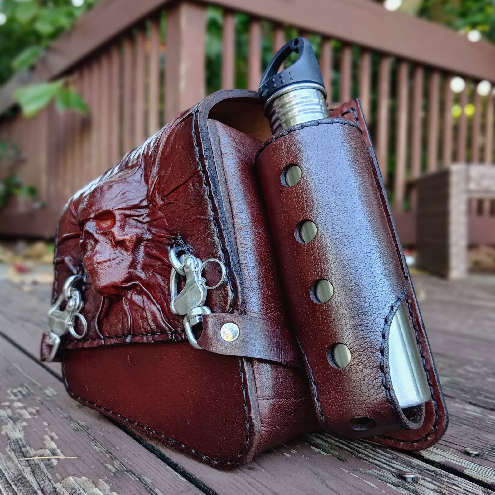 Handcrafted Vegetal Maroon Leather Embossed Skull Motorcycle Right Side ...