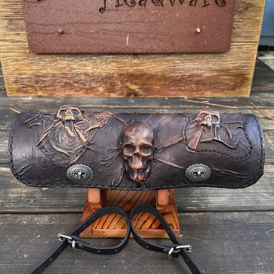 Long Handcrafted Vegetal Leather Rustic Color 3 Embossed Skull Tool Bag ...