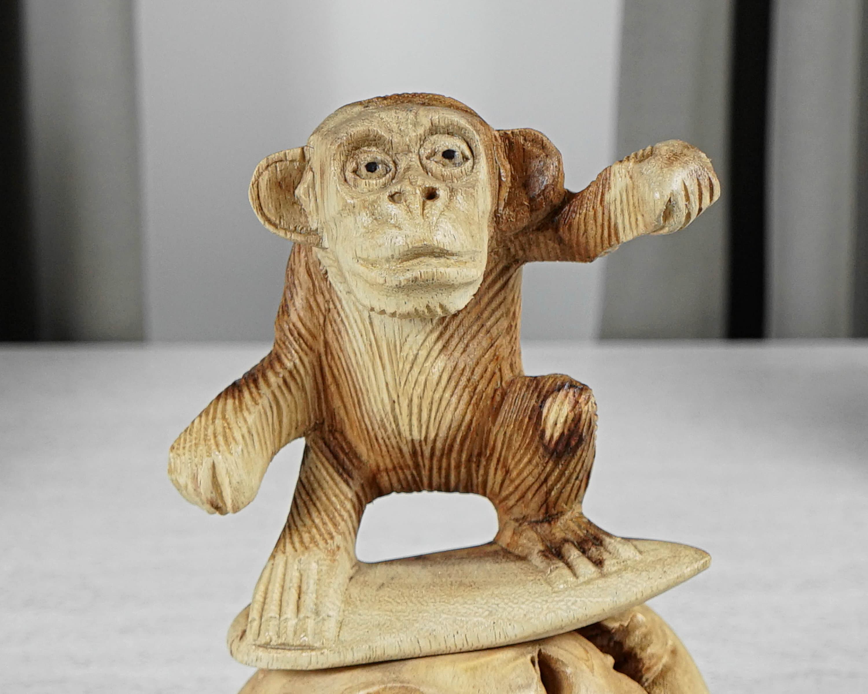 Surfing Monkey Sculpture, Animal, Ocean, Carving, Wooden Base, Unique ...