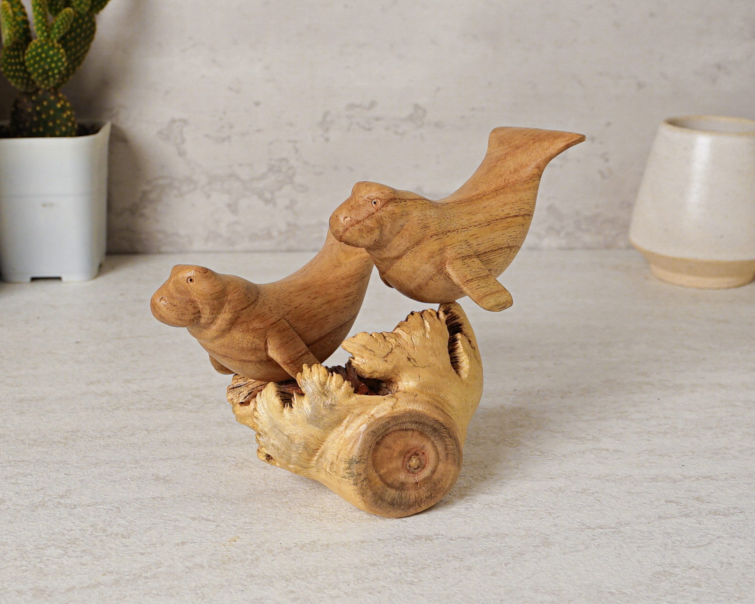 Wooden Manatee Sculpture Couple Hand Carved Wood Carving | Etsy