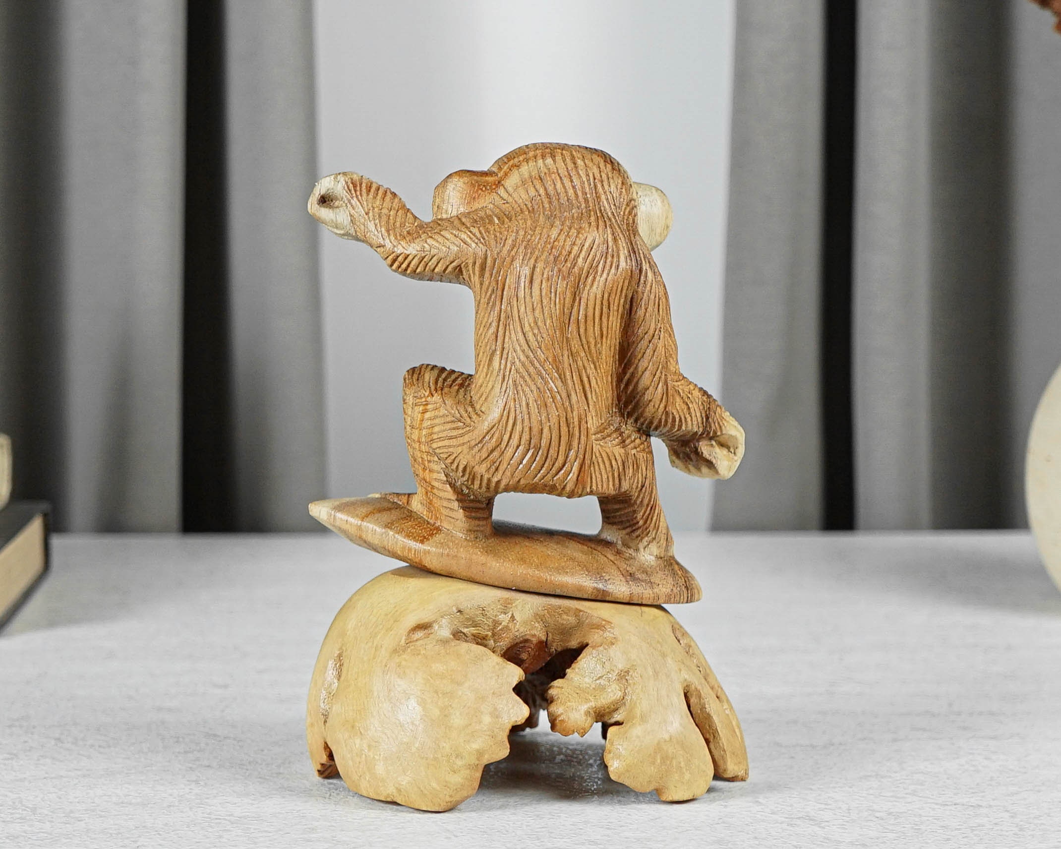 Surfing Monkey Sculpture, Animal, Ocean, Carving, Wooden Base, Unique ...