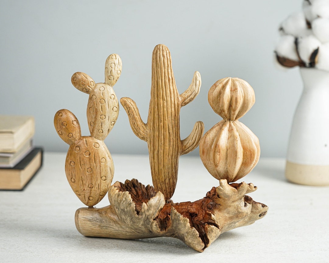 Wooden Cactus Sculpture 7.5 Statue Couple Succulent - Etsy