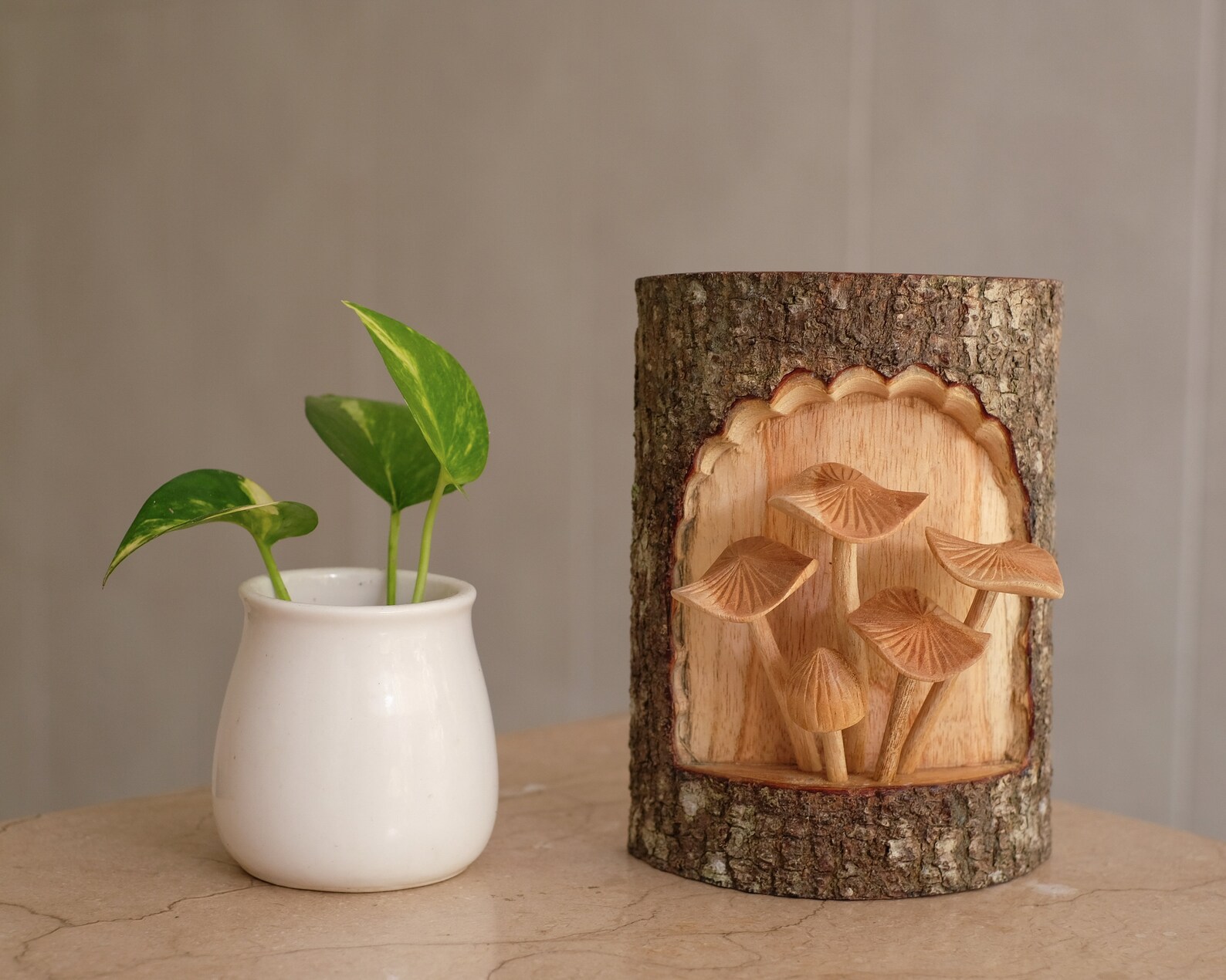 Wild Mushrooms Sculpture, Tree Bark Art, Wooden Statue, Exotic, Hand ...