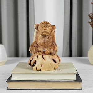 Meditating Monkey Sculpture, Animal, Yoga, Carving, Wooden Base ...