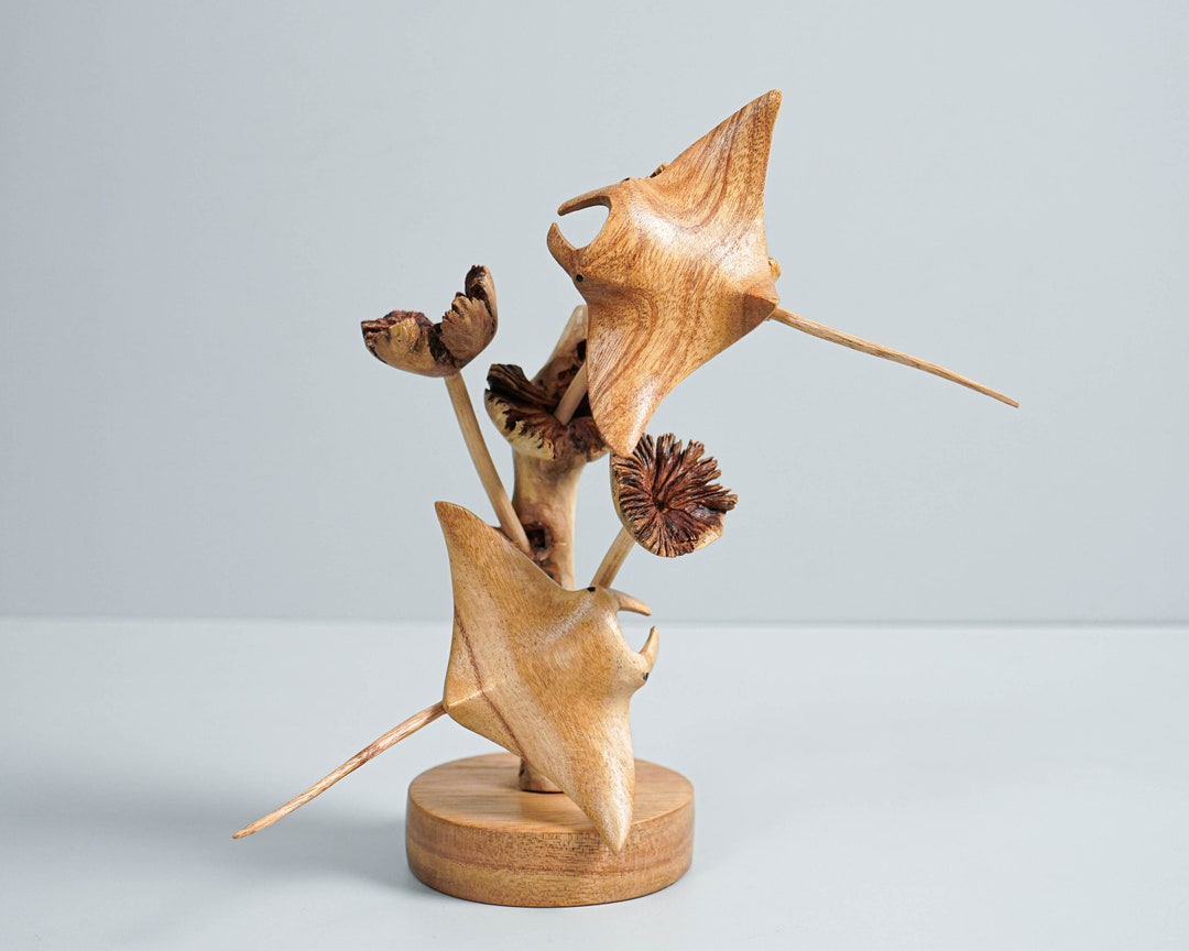 Wooden Manta Ray Couple Sculpture, Handmade, Fish Statue, Marine Life ...