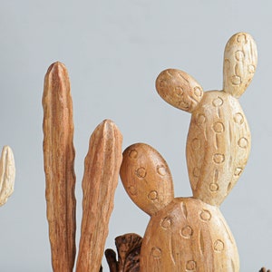 Wooden Cactus Sculpture, 13.5" Length Statue, Succulent Plant ...