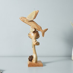 Wooden Fying Fish Sculpture, Flying Cod Statue, Art, Wood Carving ...