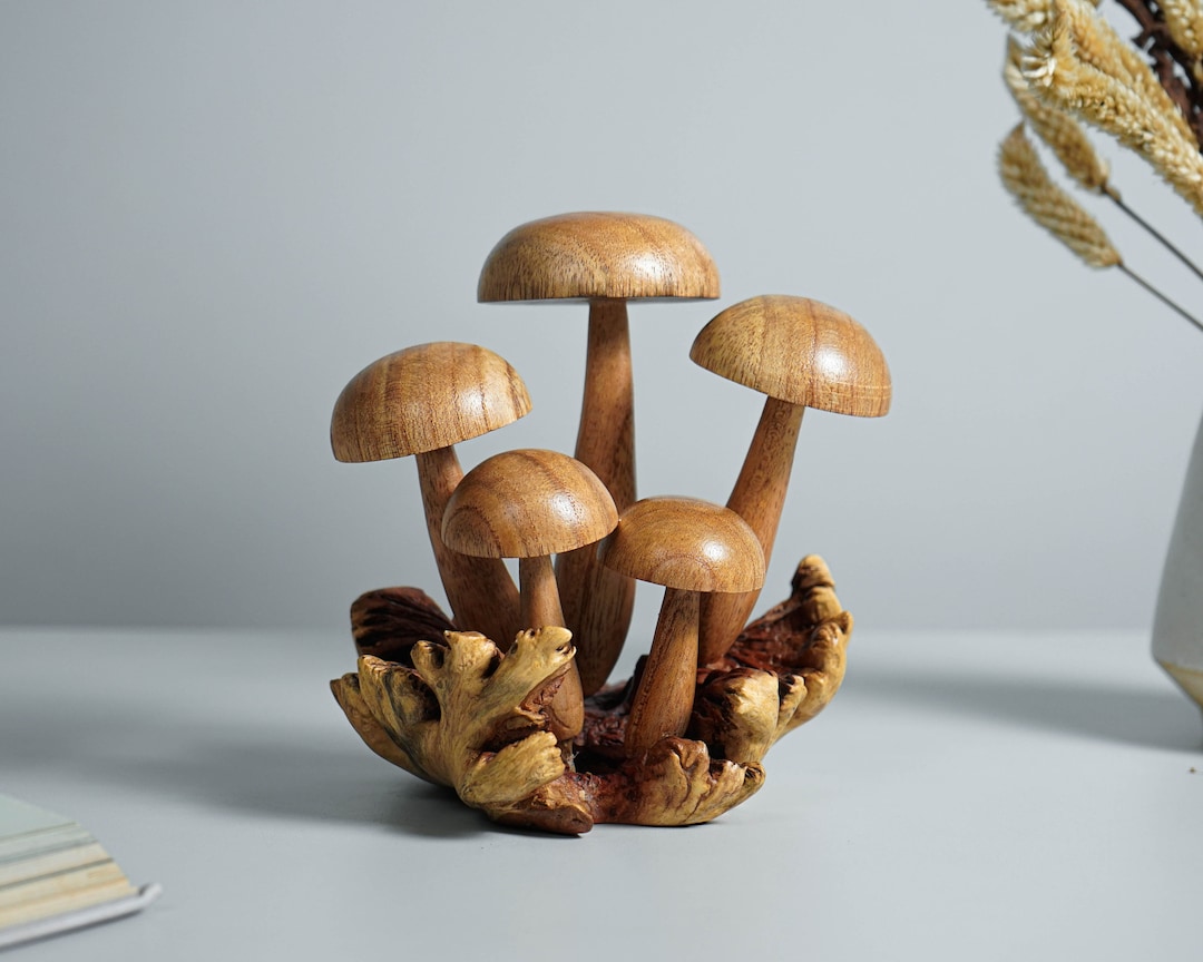 Mushroom Garden, Wooden Sculpture, Unique Figurine, Toadstool, Statue ...