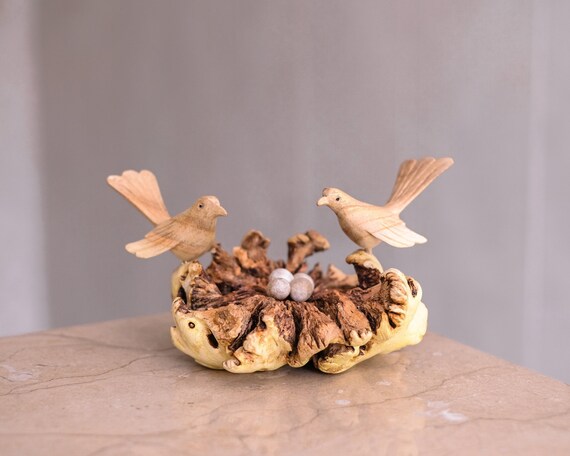 Wooden Birds on the Nest Decor Canary Love Sculpture Couple | Etsy