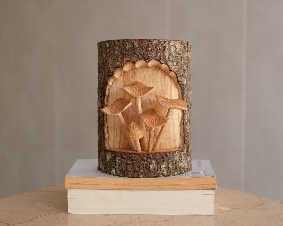Wild Mushrooms Sculpture, Tree Bark Art, Wooden Statue, Exotic, Hand ...