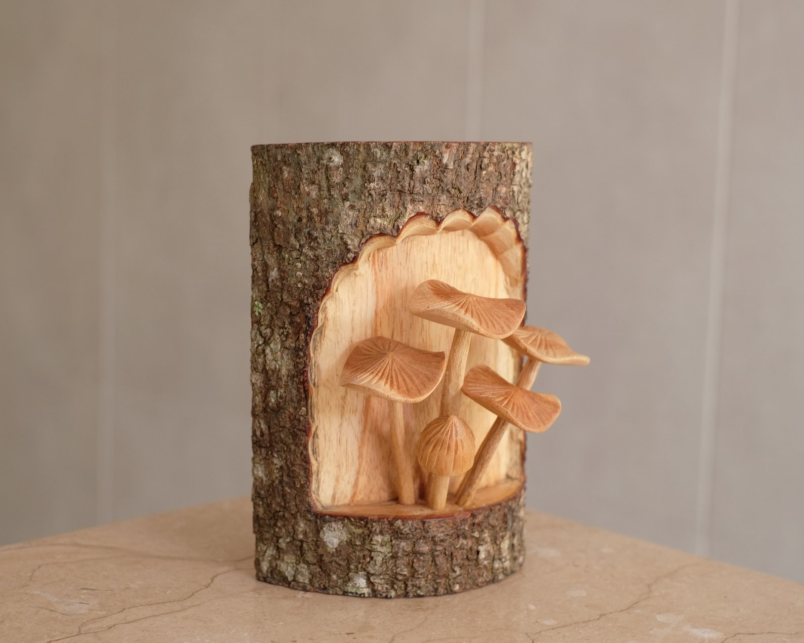 Wild Mushrooms Sculpture, Tree Bark Art, Wooden Statue, Exotic, Hand ...