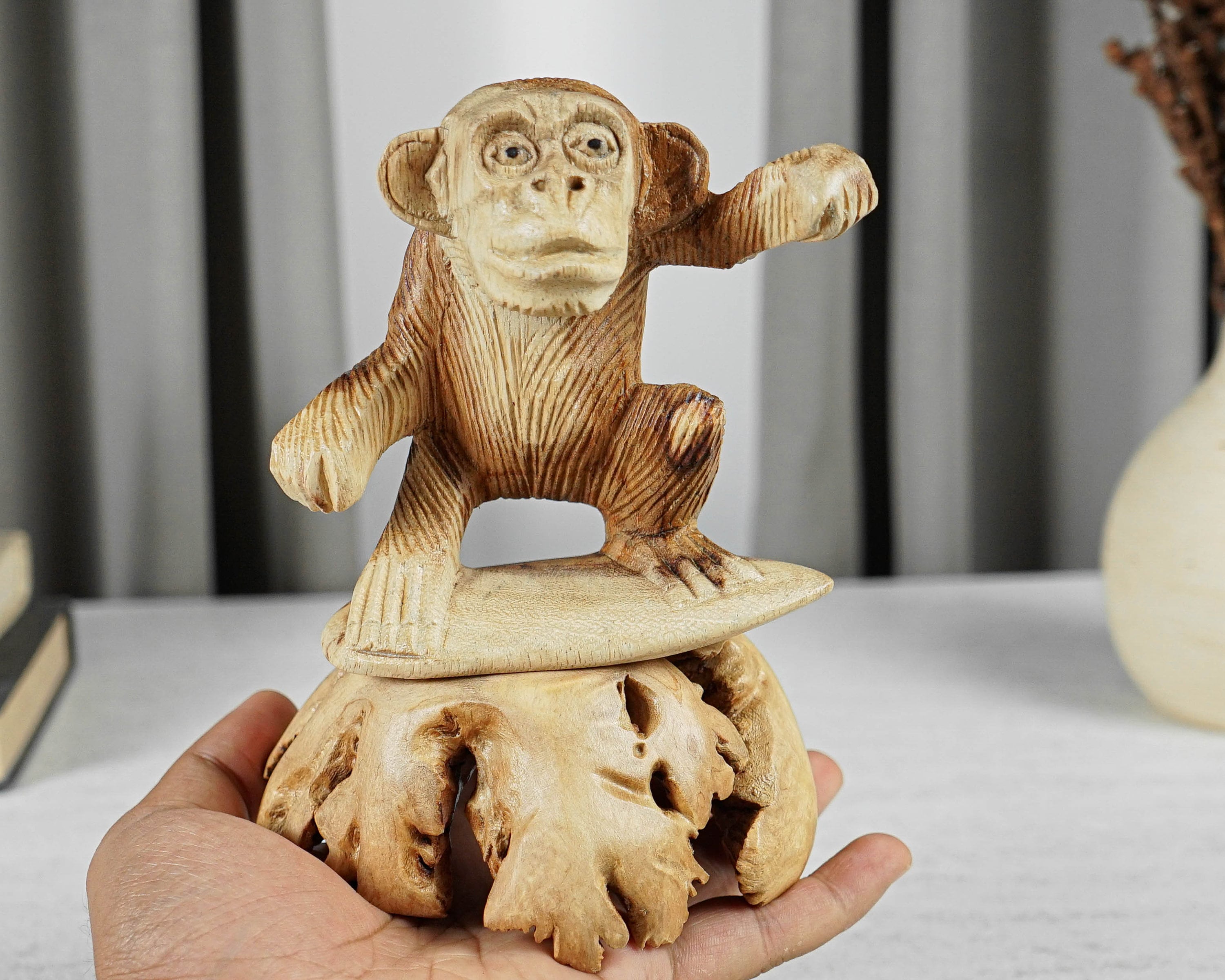Surfing Monkey Sculpture, Animal, Ocean, Carving, Wooden Base, Unique ...