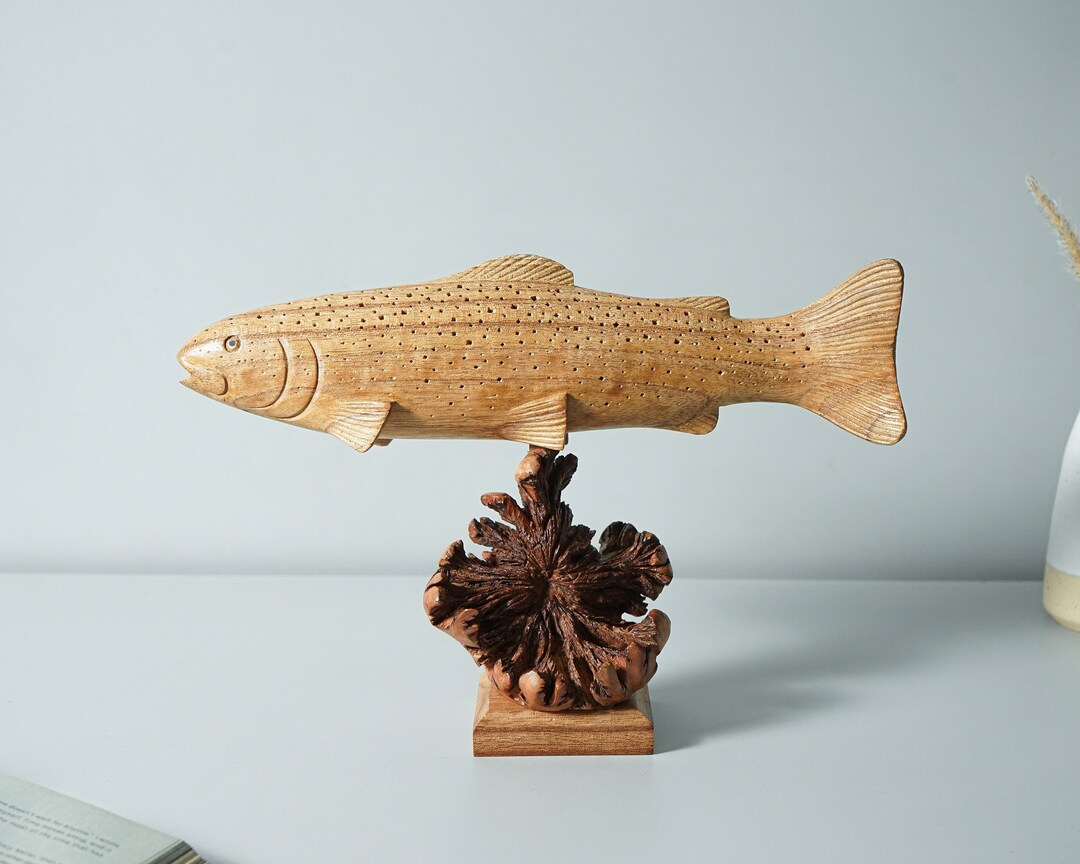 Wooden Trout Fish Figurine 11.5 Inches Length, Personalized Statue ...