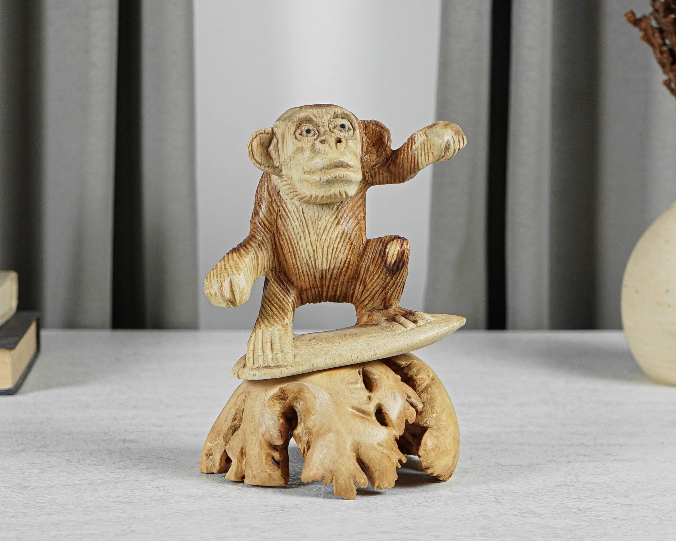 Surfing Monkey Sculpture, Animal, Ocean, Carving, Wooden Base, Unique ...