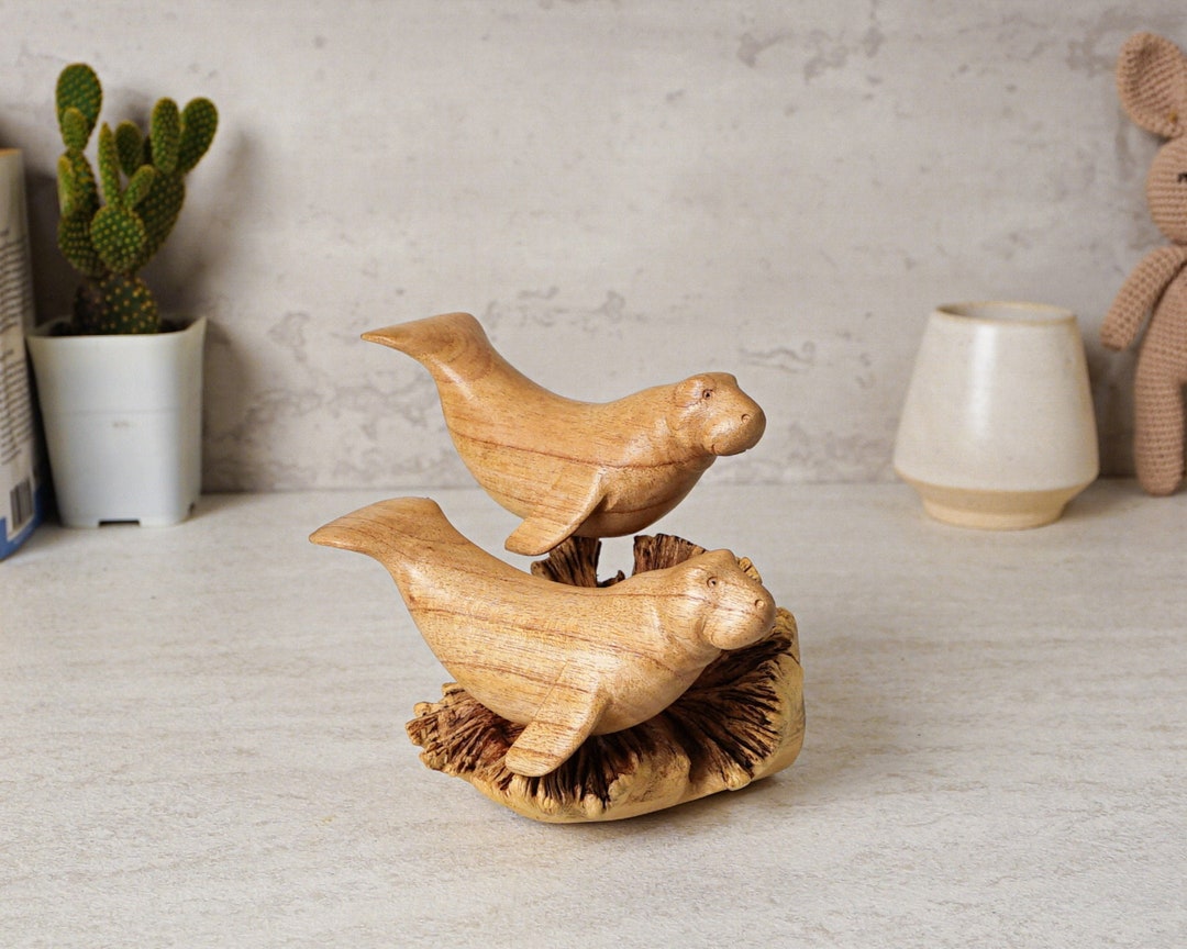 Wooden Manatee Sculpture, Couple, Hand Carved, Wood Carving, Ocean ...