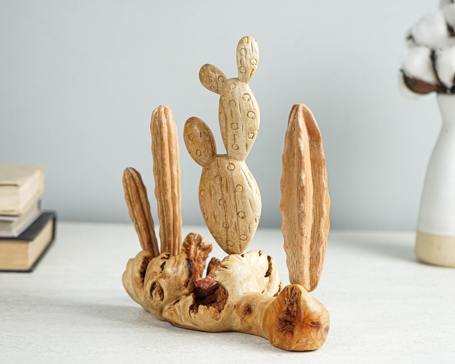 Wooden Cactus Statue 7.5 Sculpture Tabletop Succulent - Etsy