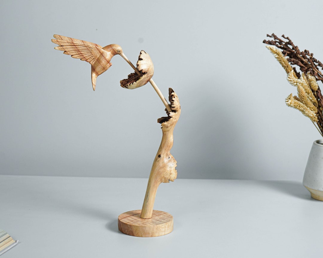 Hummingbird Drinking Nectar, Wooden Sculpture, Wood Carving, Bird ...