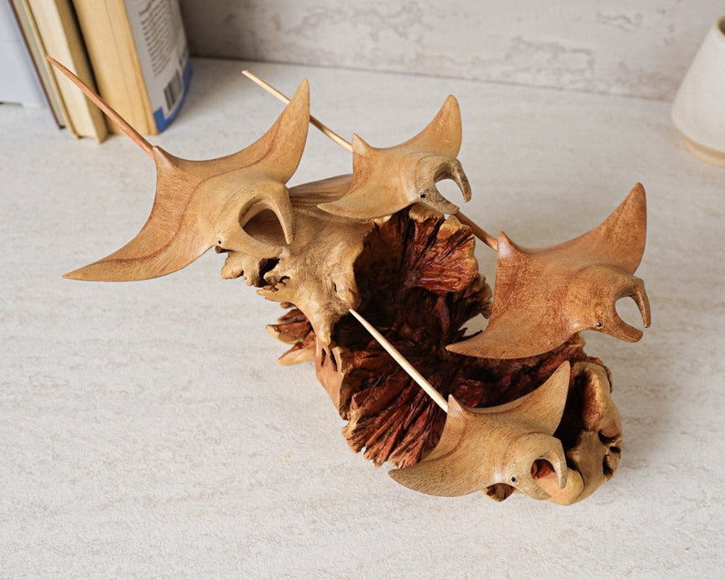 Manta Ray Family Sculpture, Coral Reef, Parasite Wood Statue, Figurine ...