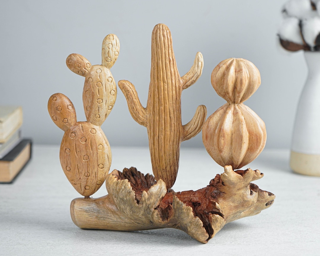 Wooden Cactus Sculpture, 7.5" Statue, Couple, Succulent Plant ...