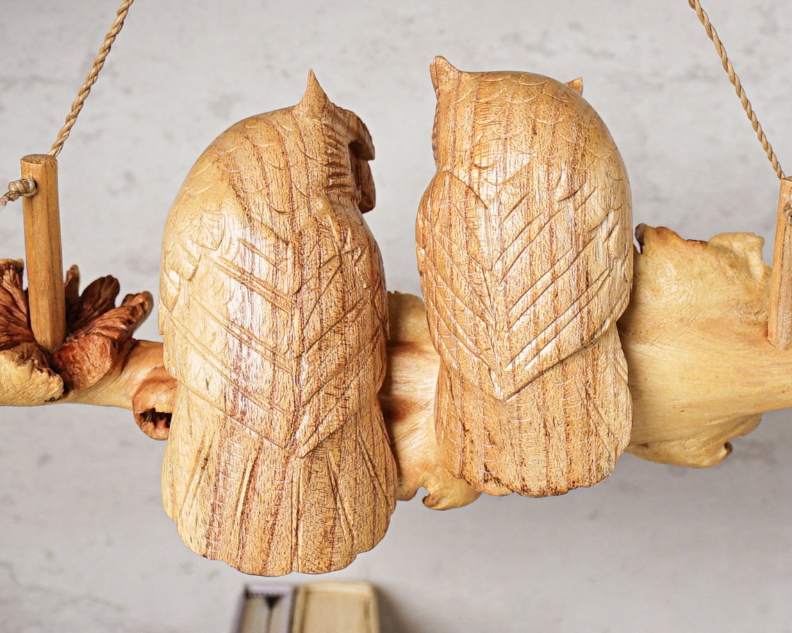 Hanging Wooden Owl Wood Carving Couple Figurine handmade - Etsy