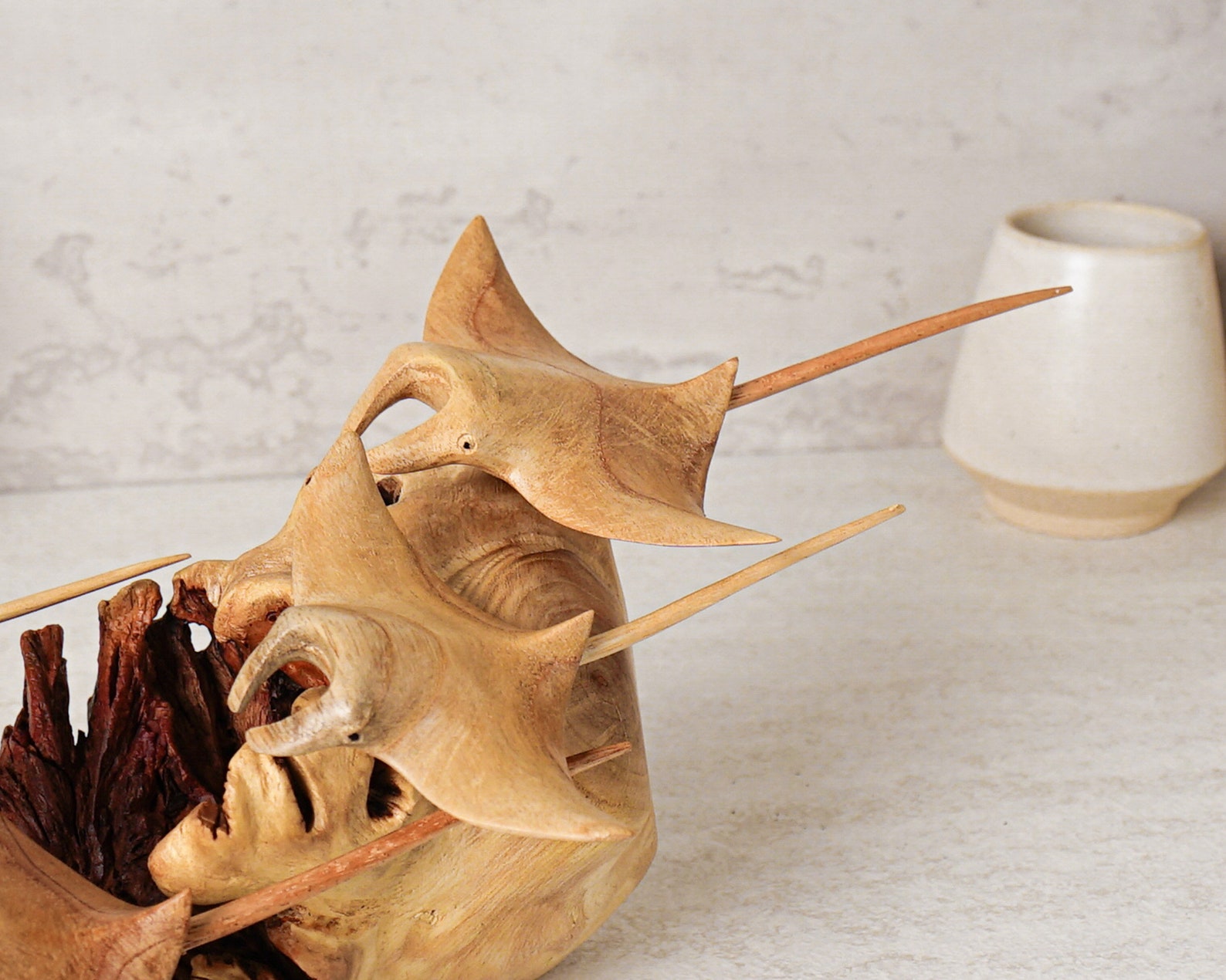 Manta Ray Family Sculpture, Coral Reef, Parasite Wood Statue, Figurine ...