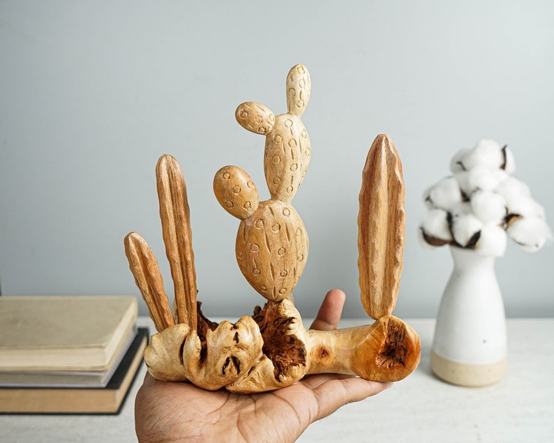 Wooden Cactus Statue 7.5 Sculpture Tabletop Succulent - Etsy