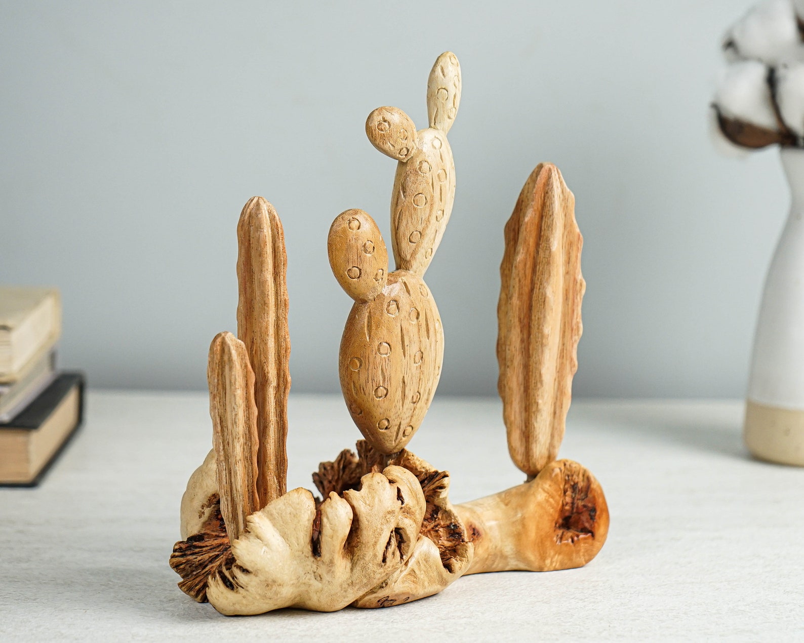 Wooden Cactus Statue 7.5 Sculpture Tabletop Succulent - Etsy