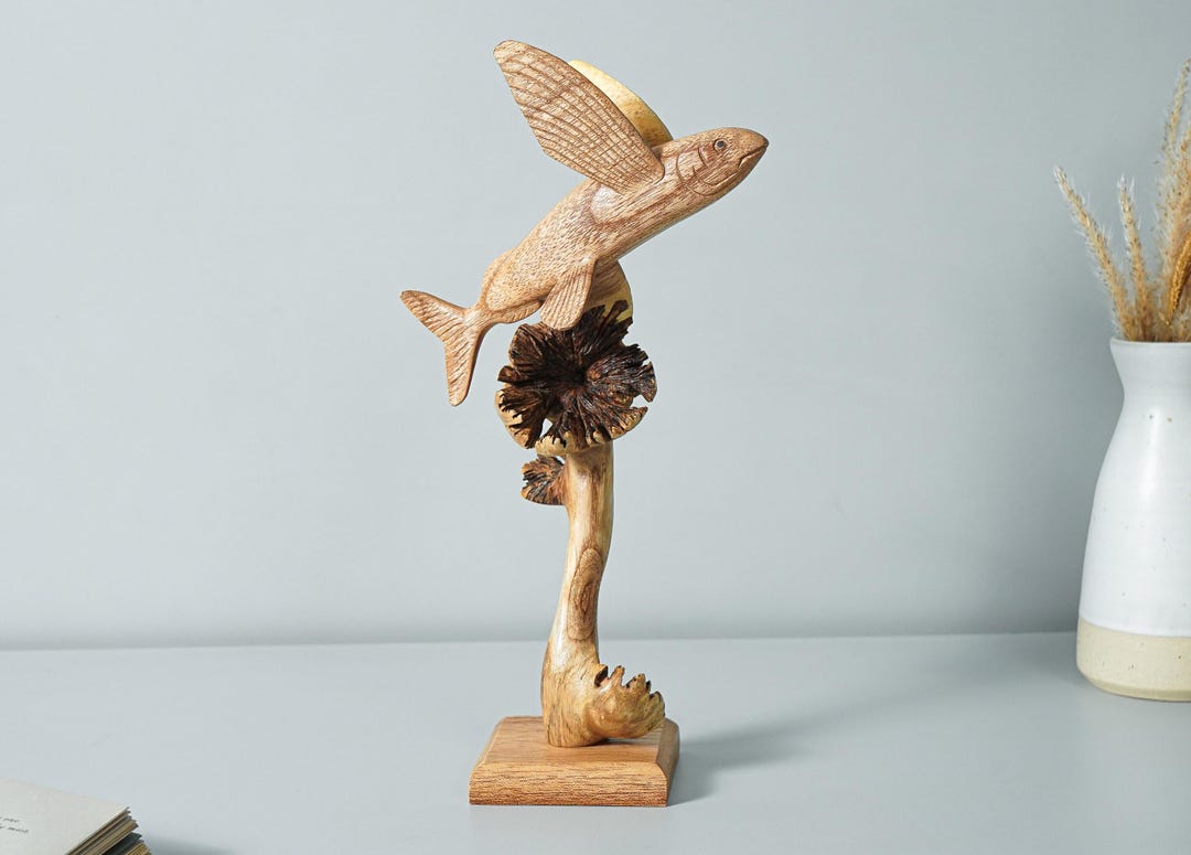 Wooden Fying Fish Sculpture, Flying Cod Statue, Art, Wood Carving ...