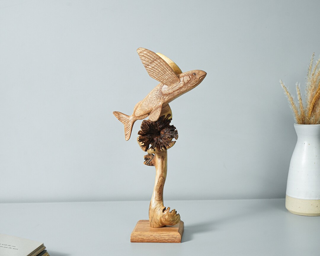 Wooden Fying Fish Sculpture, Flying Cod Statue, Art, Wood Carving ...