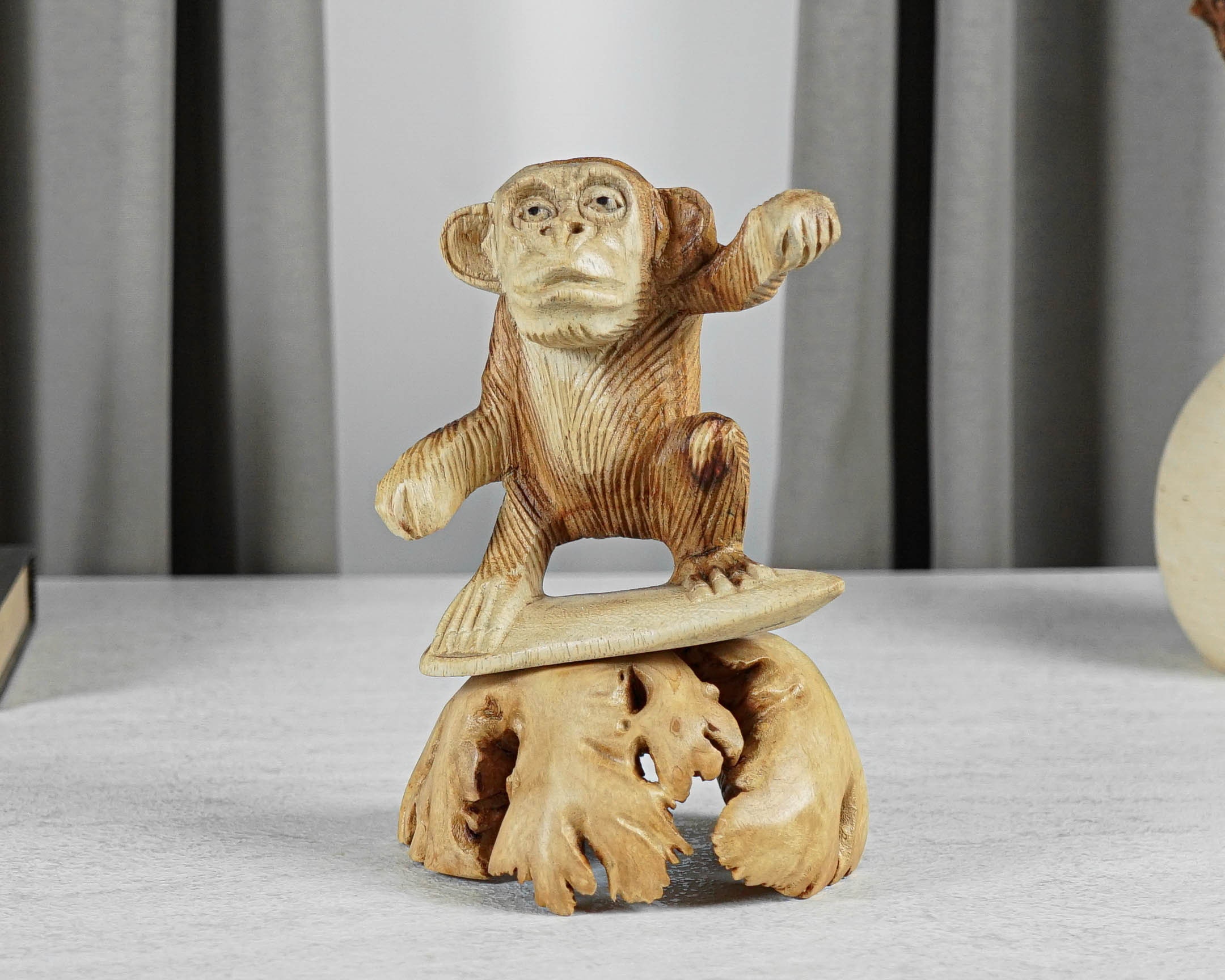 Surfing Monkey Sculpture, Animal, Ocean, Carving, Wooden Base, Unique ...