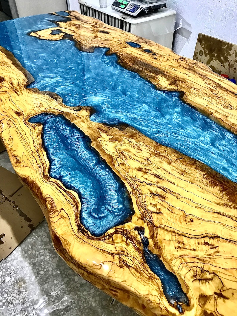 Handmade Epoxy River Dining Table / Epoxy Olive Wood Desk / Epoxy Table ...