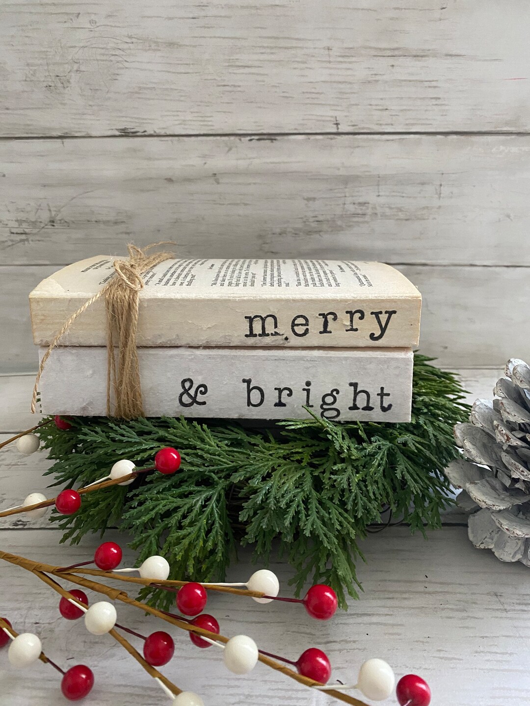 Merry & Bright Stamped Stacked Books, Farmhouse Books, Christmas ...