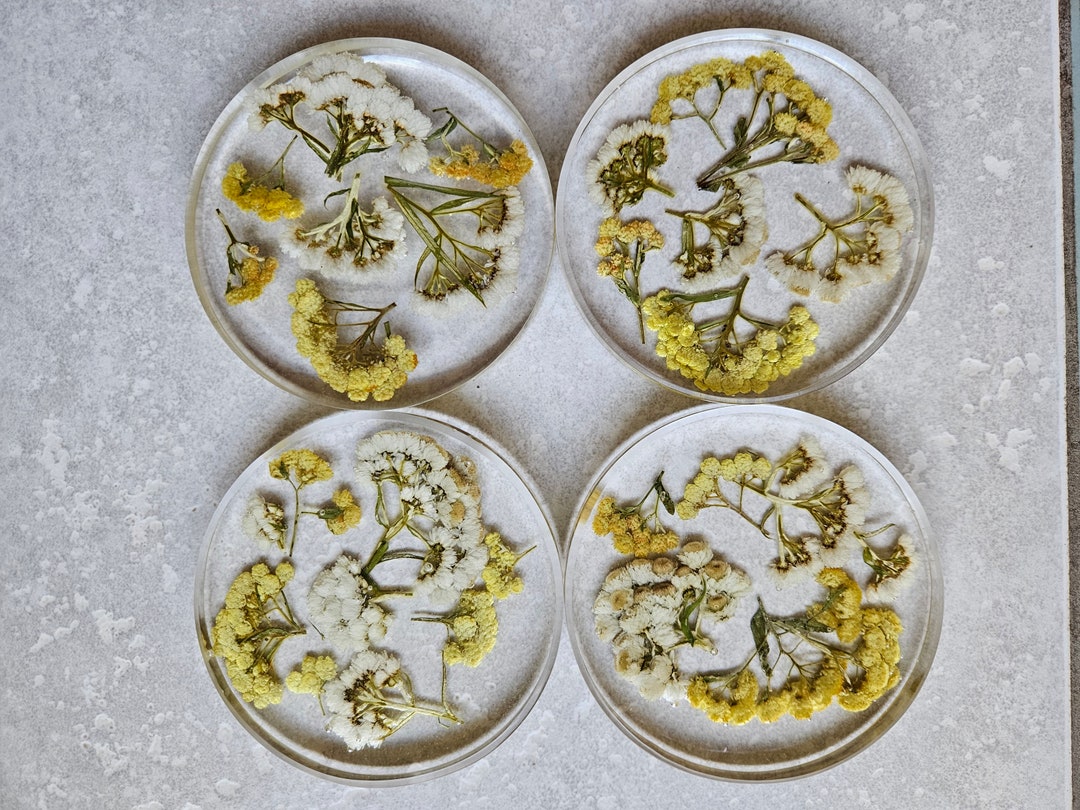 Coasters. Set of 4 Pressed Flowers Coasters. in Epoxy. Pressed Pearly ...
