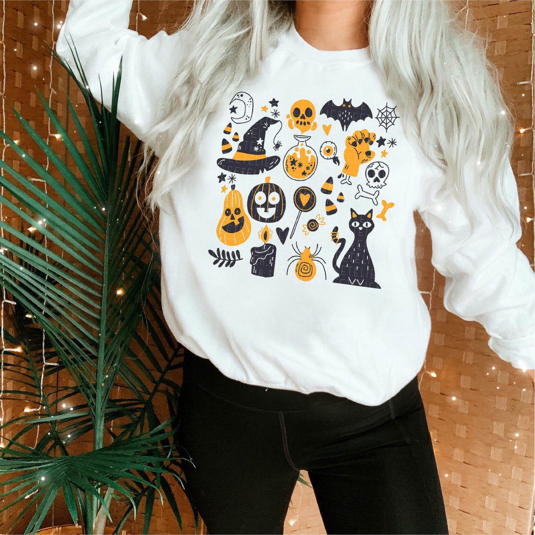 Halloween Sweatshirt,halloween Doodles, Little Things Witch Pumpkin ...