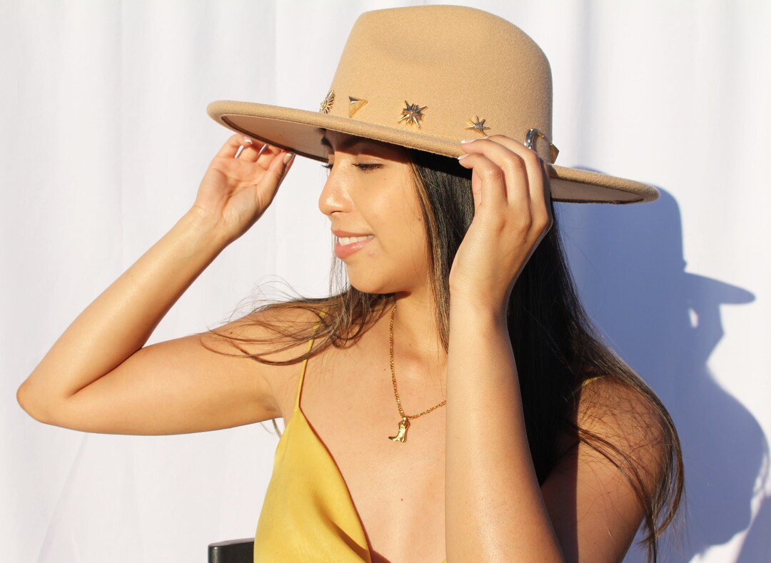 Western Felt Hat Boho Fedora Hat Celestial Sun Moon Star Gold Studded Hat Tan Bohemian Festival ...