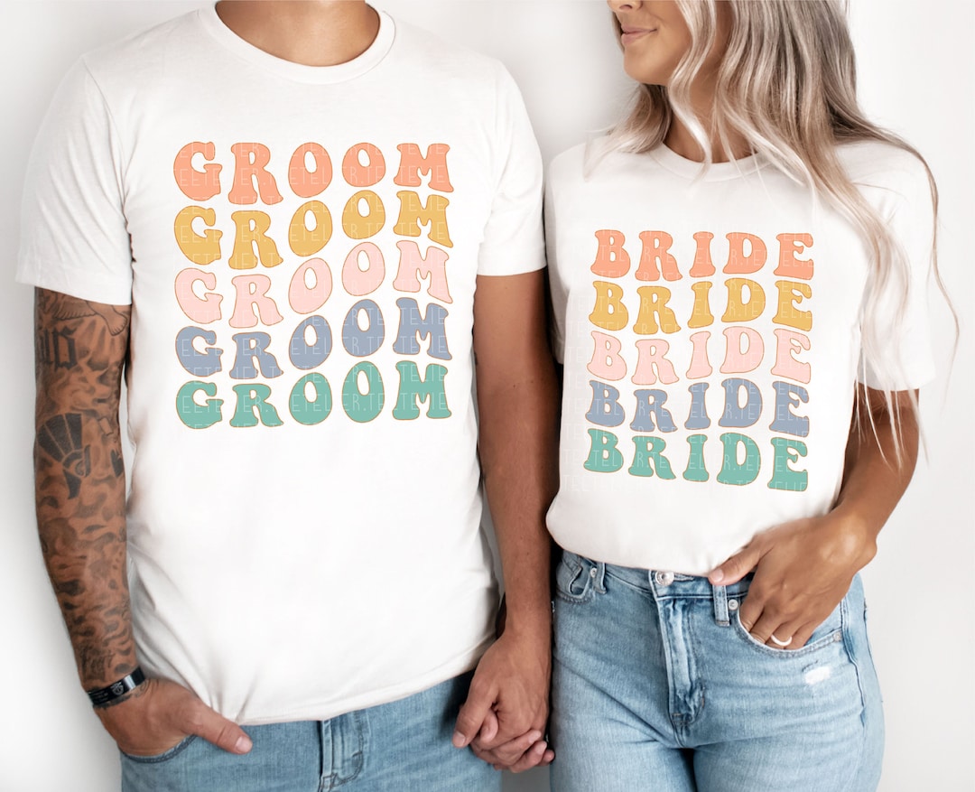Bride and Groom Shirts Matching Retro Bride Groom Graphic Tee Wedding ...