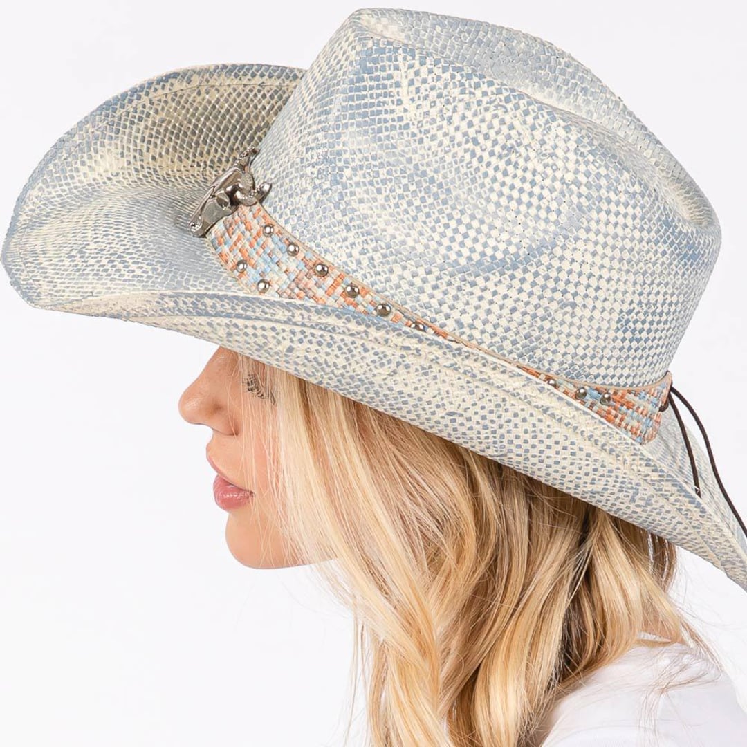 Straw Cowboy Hat Western Cowgirl Hat Vintage Bull Head Coastal Cowgirl ...