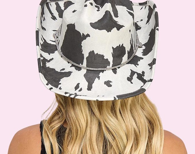 Cow Print Cowboy Hat Brown Rodeo Rhinestone Chin Strap Women's Cowgirl ...