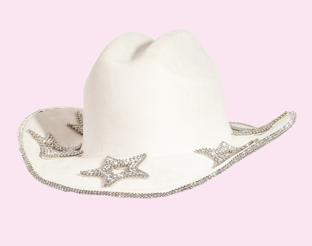 Cowgirl Hat Star Embellished Studded Rhinestone Star Ivory Cowboy Hat ...