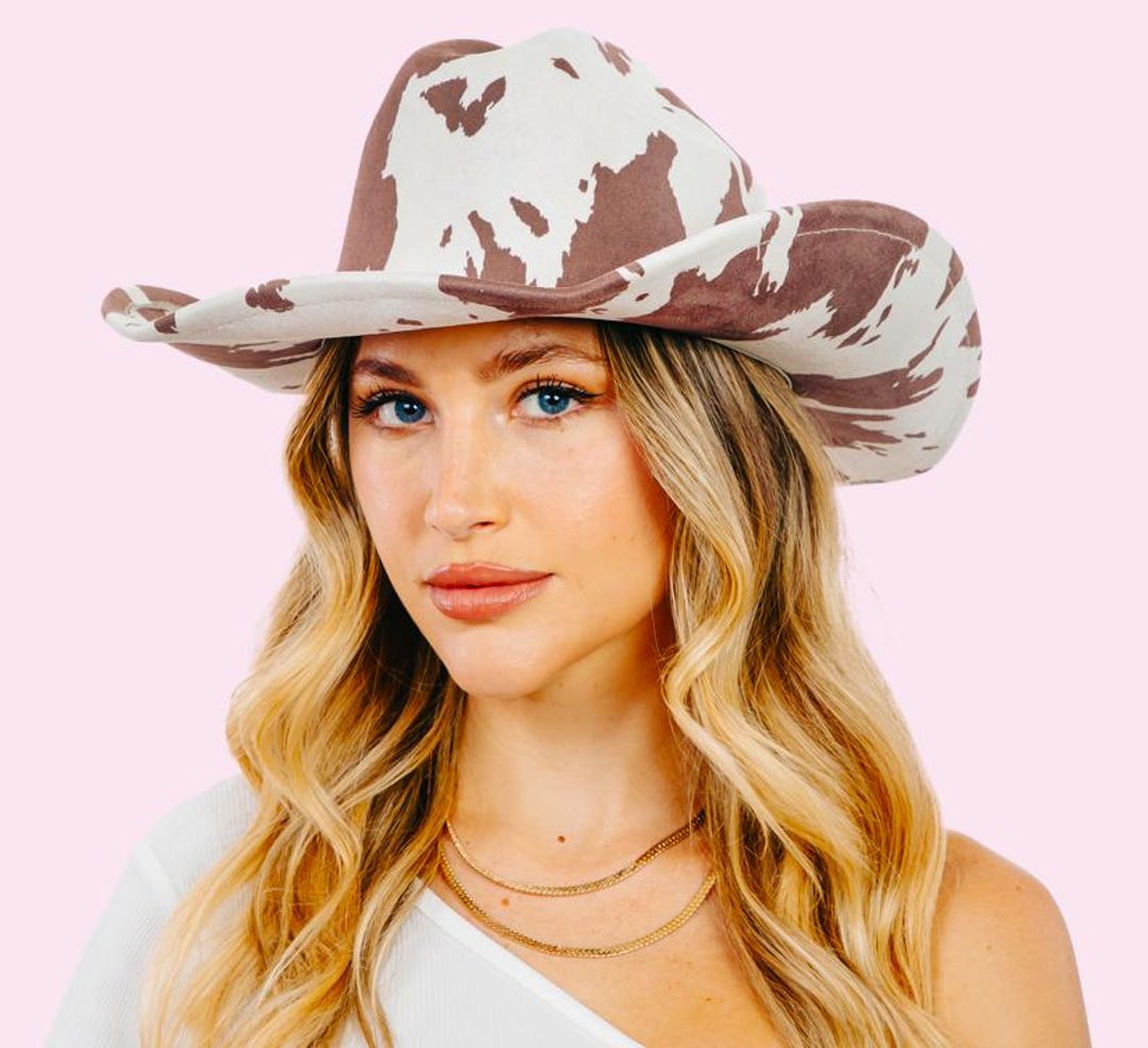 Cow Print Cowboy Hat Brown Rodeo Rhinestone Chin Strap Women's Cowgirl ...
