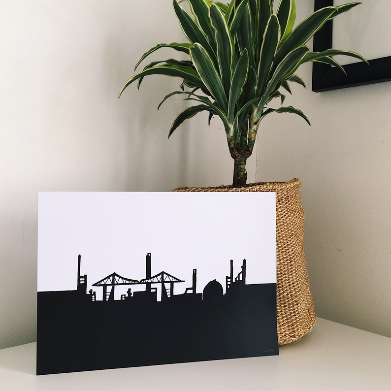 Transporter Bridge, Teesside Skyline Hand Illustrated Print Black and ...