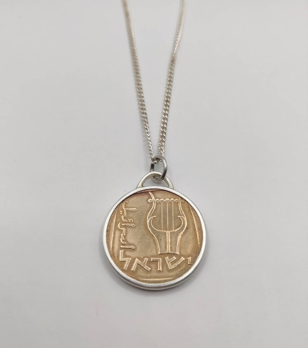 Handmade Vintage Coin Pendant, Israeli Lyre of David Coin Sterling ...