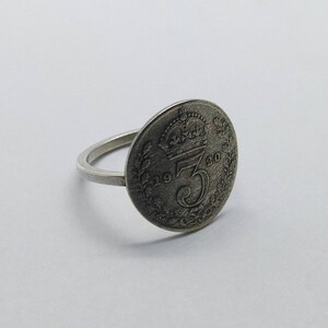 Handmade Antique Coin Ring, United Kingdom 3 Pence Silver Coin Sterling ...