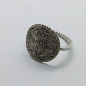 Handmade Antique Coin Ring, United Kingdom 3 Pence Silver Coin Sterling ...