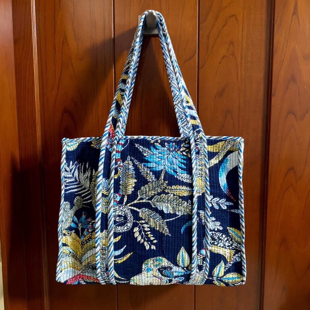 Handmade Block Print Cotton Tote Bag: Quilted Botanical Shopper - Etsy