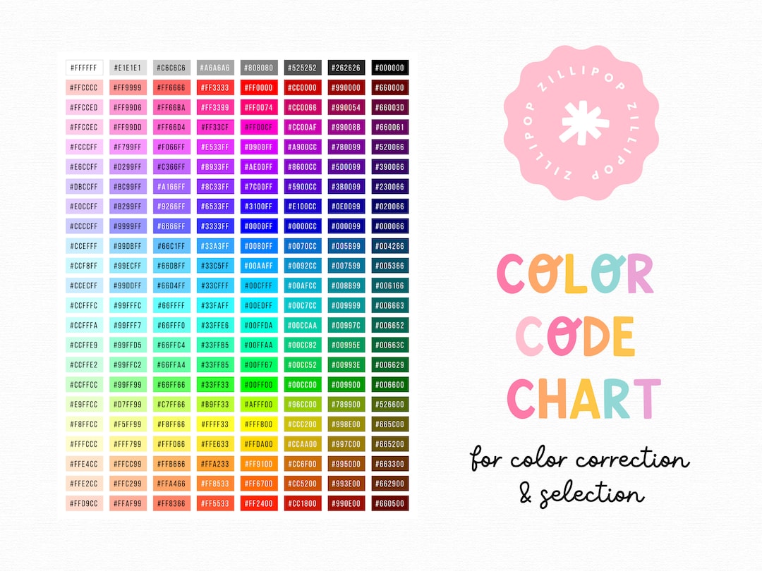 Color Correction HEX Code Color Chart Printable Designer Quick ...