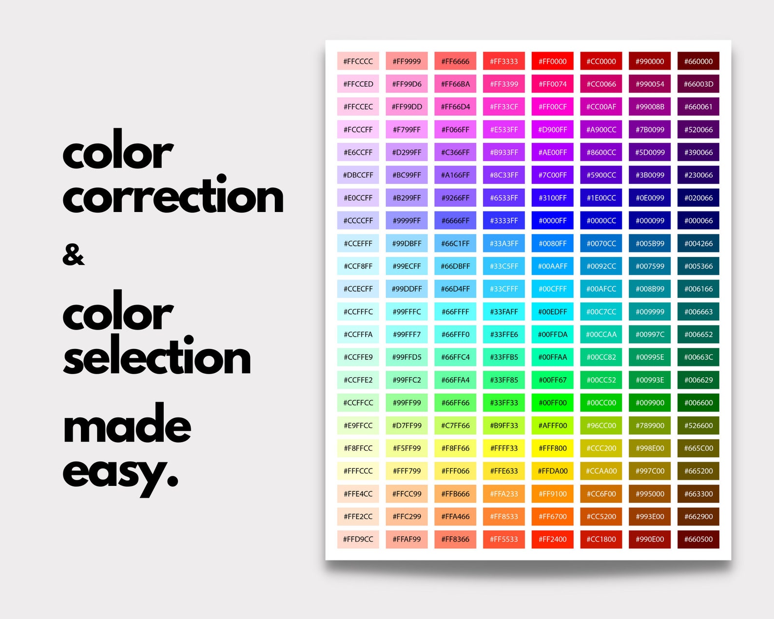 Color Correction HEX Code Color Chart Printable Designer Quick - Etsy ...