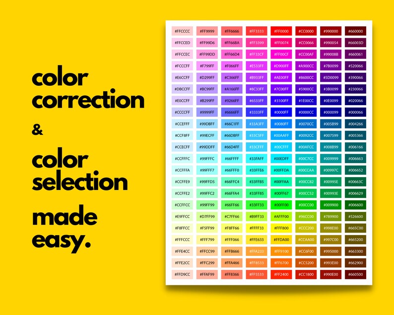Color Correction HEX Code Color Chart Printable Designer Quick Etsy 